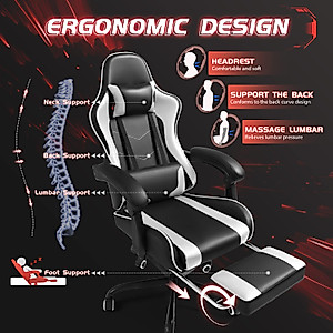 Shahoo Gaming Chair with Footrest and Massage Lumbar Support, Video Racing Seat Height Adjustable with 360°Swivel and Headrest for Office or Bedroom, Red and Black