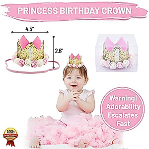 1st Birthday Girl Decorations WITH Birthday Crown- Baby First Birthday Decorations Girl - Pink and Gold Party Supplies - One Balloon, Heart and Confetti Balloons, Happy Birthday Banner ONE Cake Topper