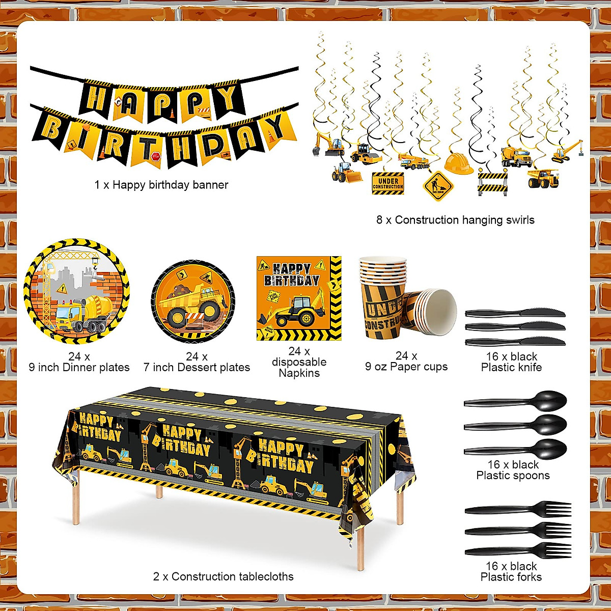 Ctosree 179 Pieces Construction Birthday Party Supplies Dump Truck Party Decorations for Boys Kids Included Banner Tablecloth Hanging Swirls Plates Cups Napkins Forks Spoons Knife Tableware Set for 24