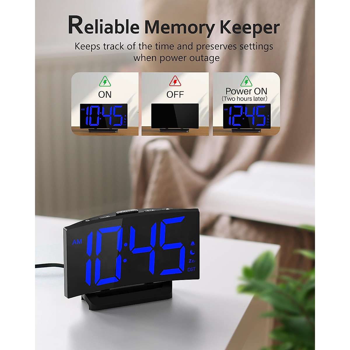 Digital Alarm Clock for Bedrooms, Digital Clock with Modern Curved Design, Conspicuous Blue LED Numbers, 6 Levels Brightness, 2 Volume, 3 Alarm Tones, Snooze, Power-Off Memory, 12/24H, Bedside Clock