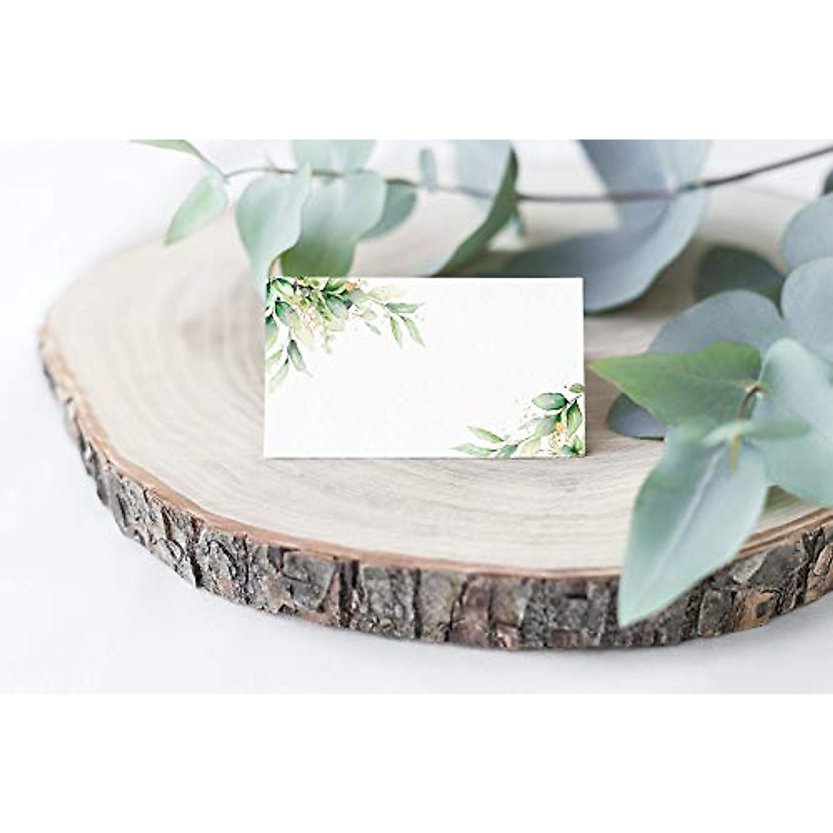 Wedding Place Cards Table, 50 Pack, 2 x 3.5 inch, Gold & Greenery Place Cards for Weddings, Premium Eucalyptus Wedding Name Place Cards for Table Setting, Easy Folding Matte Finish Placecards Wedding