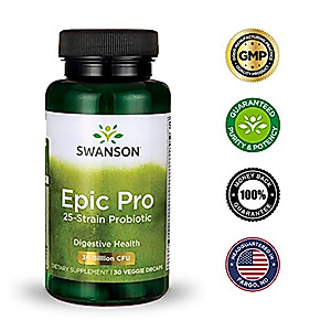Swanson Epic-Pro 25-Strain Probiotic 30 Billion CFU Digestive Health Immune System Support Prebiotic Nutraflora FOS 30 DRcaps Veggie Capsules (Caps) (4 Pack)