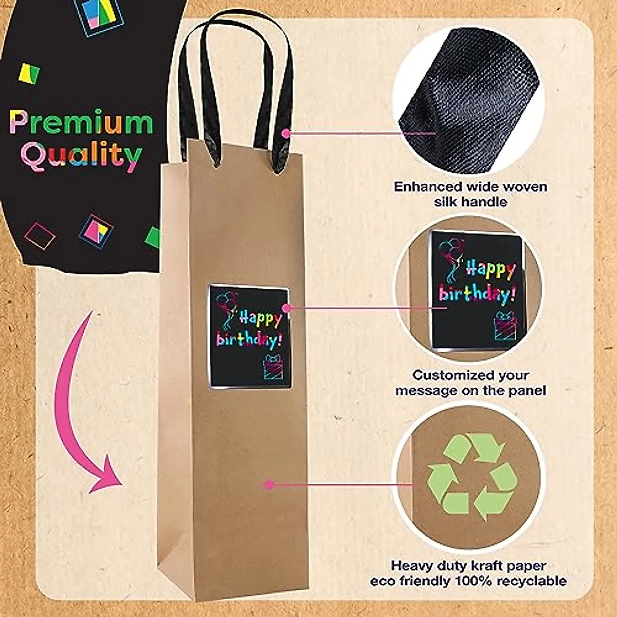 PURPLE LADYBUG 7 Kraft Gift Bags with Handles & Scratch Paper Panel for Messages - Fathers Day Gift Bags for Wine Bottles, Champagne, Whiskey, Tumbler Gifts, Weddings & Party Favors