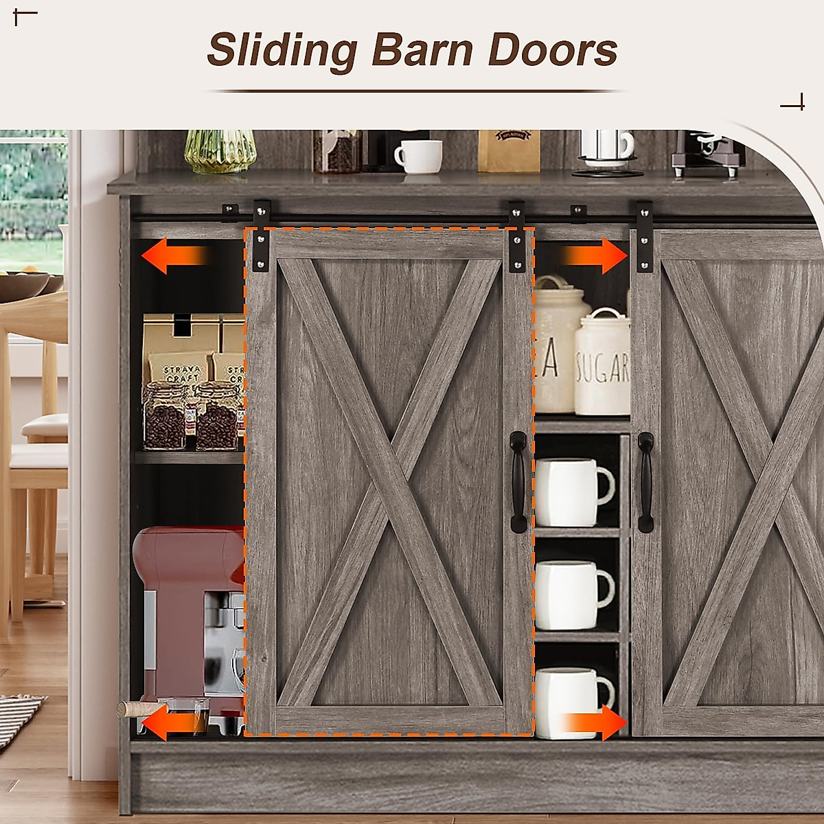 4 EVER WINNER Farmhouse Coffee Bar Cabinet with 9 Racks, Sideboard Buffet Cabinet for Liquor with 6 Hooks & Adjustable Shelves, Large Wine Bar Cabinet for Kitchen Dining Room, Wash Grey