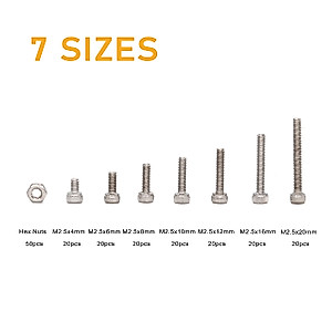 binifiMux 190pcs M2.5 Hex Socket Cap Screws and M2.5 Hex Nuts Assortment Kit with Wrench, 304 Stainless Steel Silver Tone