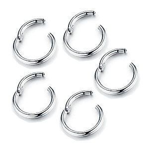 5Pcs Stainless Steel 16G Sleeper Earrings for Women Men Boys Septum Hinged Clicker Nose Lip Ring Helix Daith Cartilage Tragus Piercings Hypoallergenic Sensitive Ears Jewelry (8mm in silver-16G)