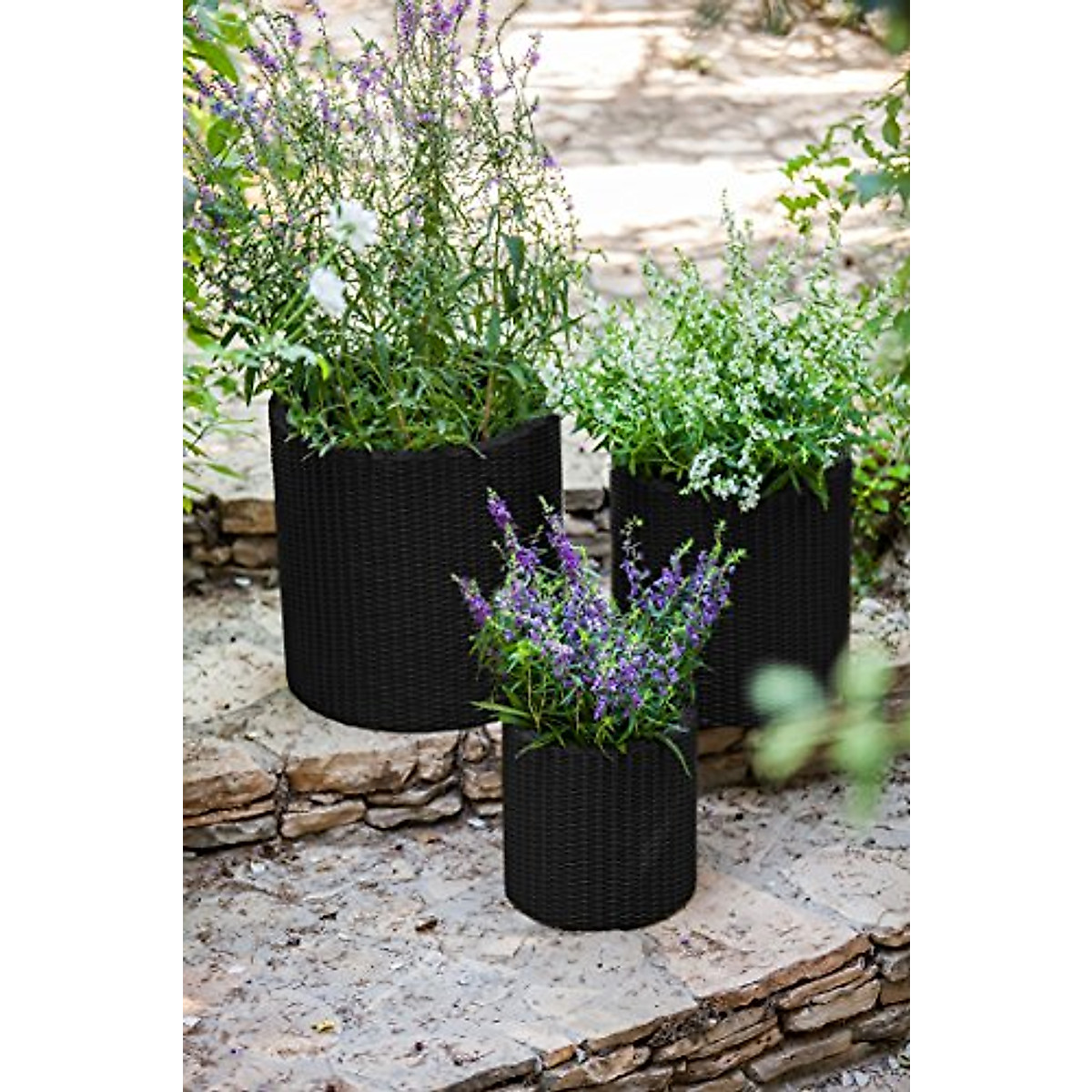 Keter Resin Wicker Cylinder Flower Pot Set of 3 Small, Medium, and Large Planters with Drainage Plugs for Outdoor or Indoor Plants, Charcoal Grey