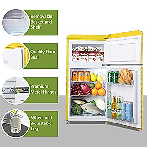 WANAI Compact Mini Refrigerator 3.2 Cu.Ft Small Refrigerator with Freezer, Retro Mini Fridge with Dual Door,7 Adjustable Thermostat, Adjustable Shelves For Dorm, Office Bedroom, Yellow