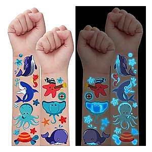 Partywind Luminous Blue Under Sea Temporary Tattoos for Kids, 170 Styles Glow Ocean Beach Pool Birthday Party Decorations Supplies Favors, Fake Tattoo Stickers for Kids Gifts (12 Sheets)