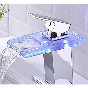 Qeemee LED Light Bathroom Sink Faucet, 3 Colors Changing Waterfall Glass Spout Faucet, Single Handle Single Hole Cold and Hot Water Mixer Vanity Sink Tap (Chrome)