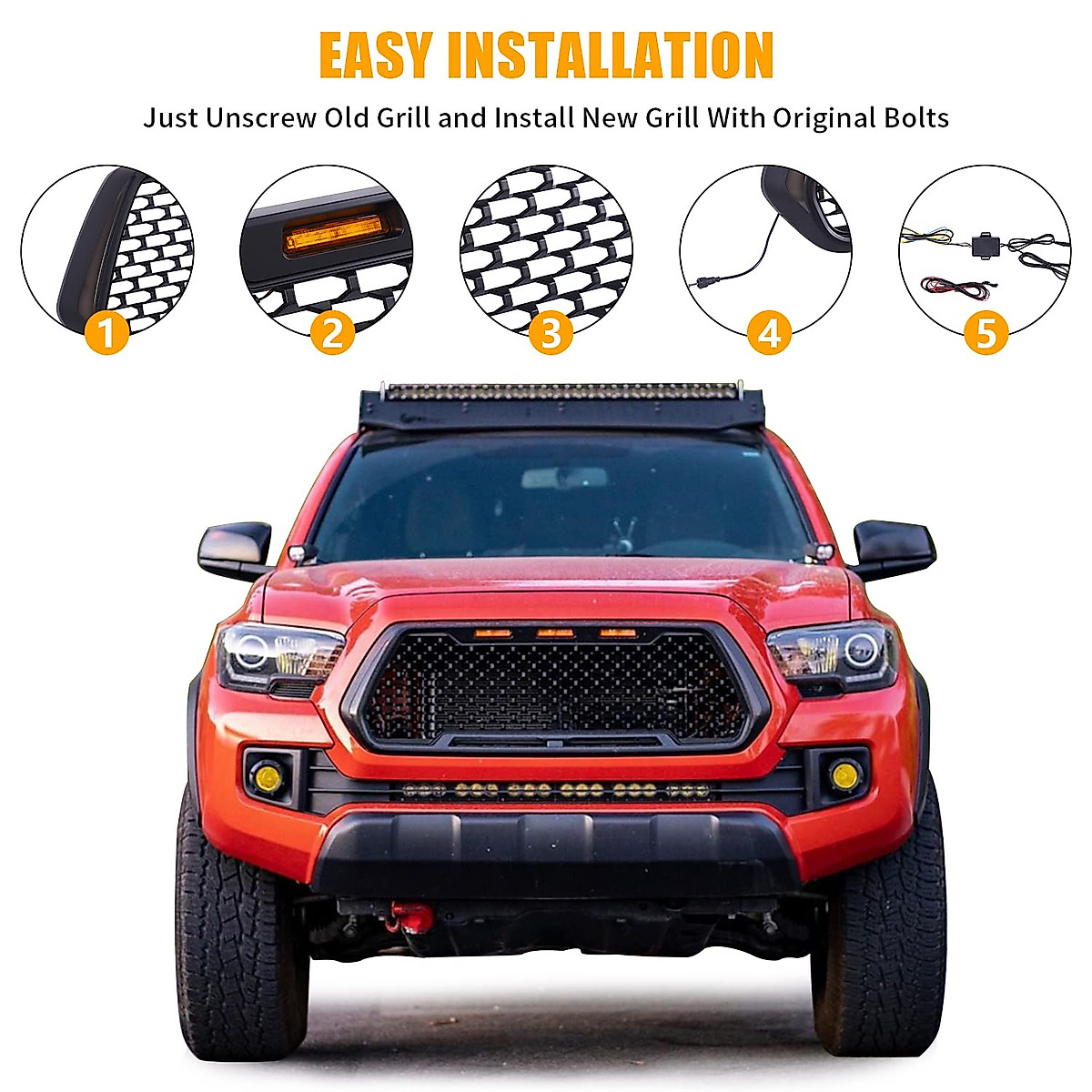 ToxicStorm Mesh Grille Front Grill Matte Black Compatible for Toyota Tacoma 2016-2019 with DRL & Turn Signal Lights and 3 Amber LED Lights