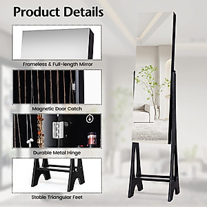 COSTWAY 12 LED Mirror Jewelry Cabinet, Freestanding Jewelry Storage Organizer w/Full Length Mirror, Large Capacity Jewelry Armoire w/Bottom Shelf, Mirror with Jewelry Storage for Women Girls (Black)