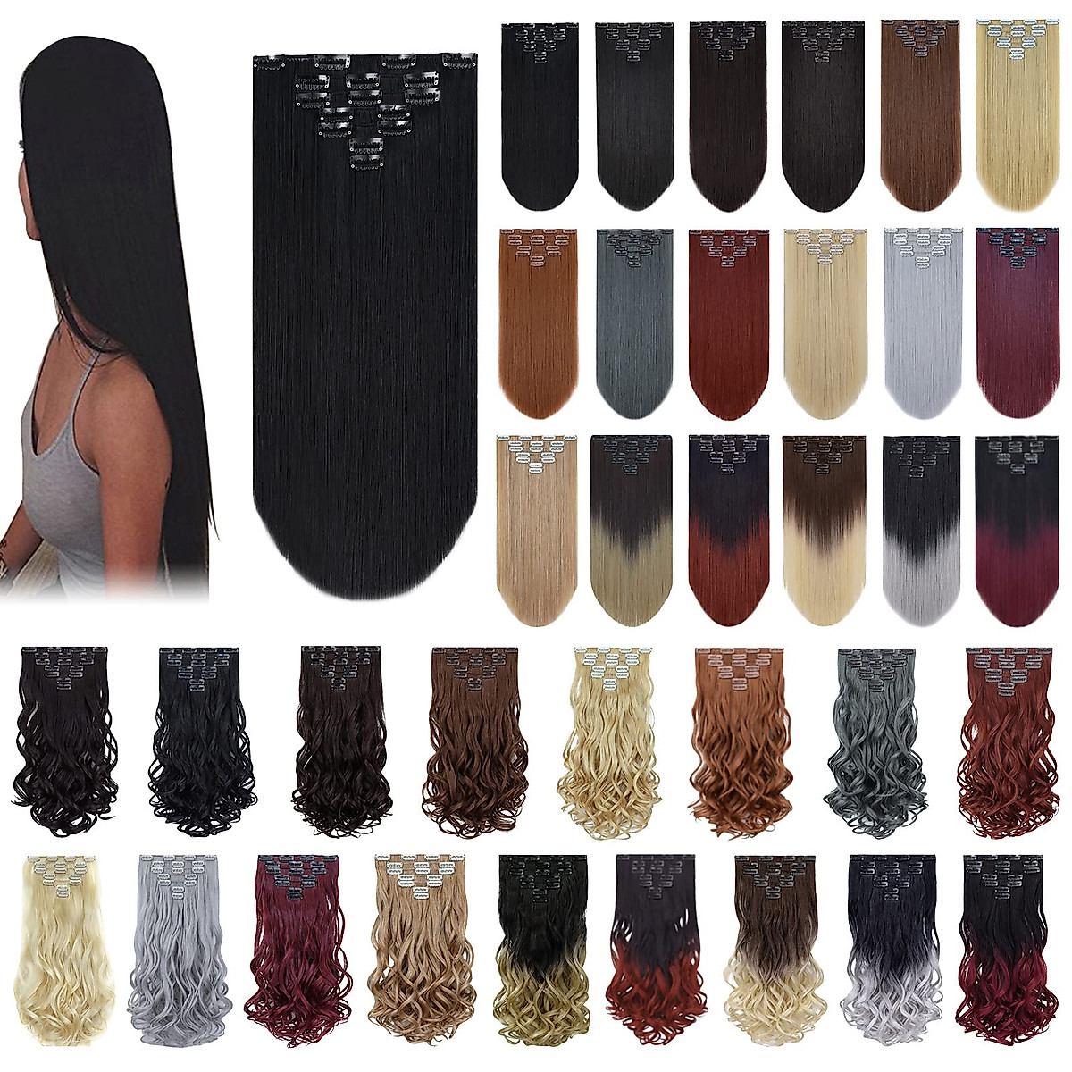 SYXLCYGG Black Hair Extension Clip Hair Extensions 22" 4.8 Oz Synthetic Straight Cheap Fake Hair Piece Women's Easy To Use Fluffy&Not Tangled