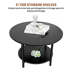 TOYSINTHEBOX Round Coffee Tables, Accent Table Sofa Table Tea Table with Storage 2-Tier for Living Room, Office Desk, Balcony, Wood Desktop and Metal Legs, Black 27.6 Inches