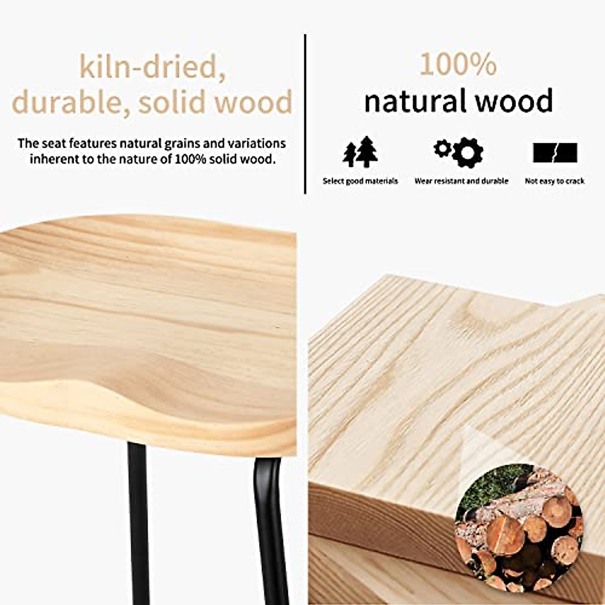 HeuGah Bar Stools, Solid Wood Barstools Set of 2, 26" Counter Height Bar Stools with Metal Leg,Rustic Backless Bar Stools for Kitchen Island,Bar Chairs with Solid Wood Saddle Seat (Burlywood, 26 Inch)