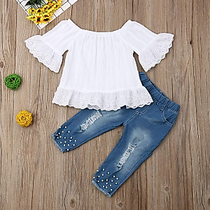 Kids Toddler Baby Girl Pants Set Off Shoulder Short Puff Sleeve Lace T-Shirt Sweatshirt Tops with Pearl Ripped Jeans Clothes Outfit (White, 5-6 Years)