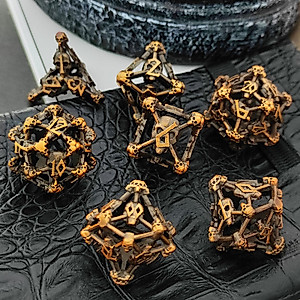 AJKDEUIH Metal DND Skull Dice Set Hollow D&D Dungeons and Dragons Gifts D20 D6 Polyhedron Dice Trpg MTG D and D Pathfinder Table Games Accessories with Black Leather Bag-Ancient Gold