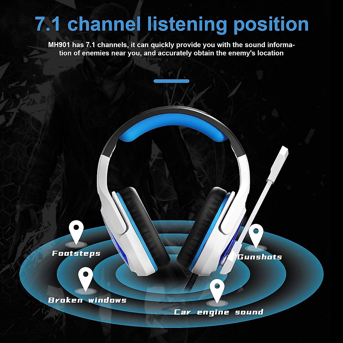 Anivia MH901 USB Gaming Headset for PC/MAC/PS4/PS5, 7.1 Surround Sound Wired Headphone with Adjustable Active Noise Cancelling Mic, White & Blue LED Light