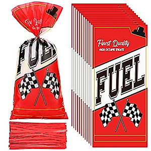 100 Pcs Race Car Fuel Can Popcorn Treat Bags Racing Car Cellophane Candy Bags Cookie Snacks Bags with Twist Checkered Racing Flag Bags Racing Theme Decorations Racing Car Birthday Party Supplies