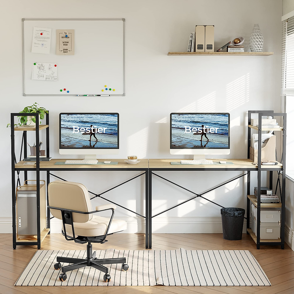 Bestier 47 Inch Computer Desk with Adjustable Shelves, Simple Writing Desk with Reversible Bookshelf and Metal Legs for Home Office and Studio, Oak