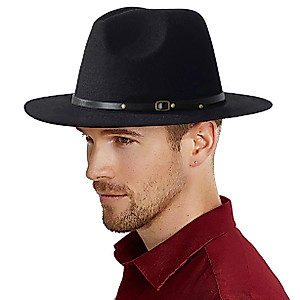 Womens Vintage Wide-Brim Fedora-Hat with Belt-Buckle Panama Hat for Women (Black 1pc, M:56-58cm/22.4-23.2inch)