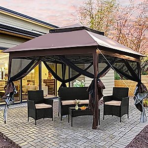 XXkseh 10x10 Pop-Up Instant Gazebo Tent with Mosquito Netting Outdoor Canopy Shelter with 112 Square Feet for Patio Garden Backyard (Brown)