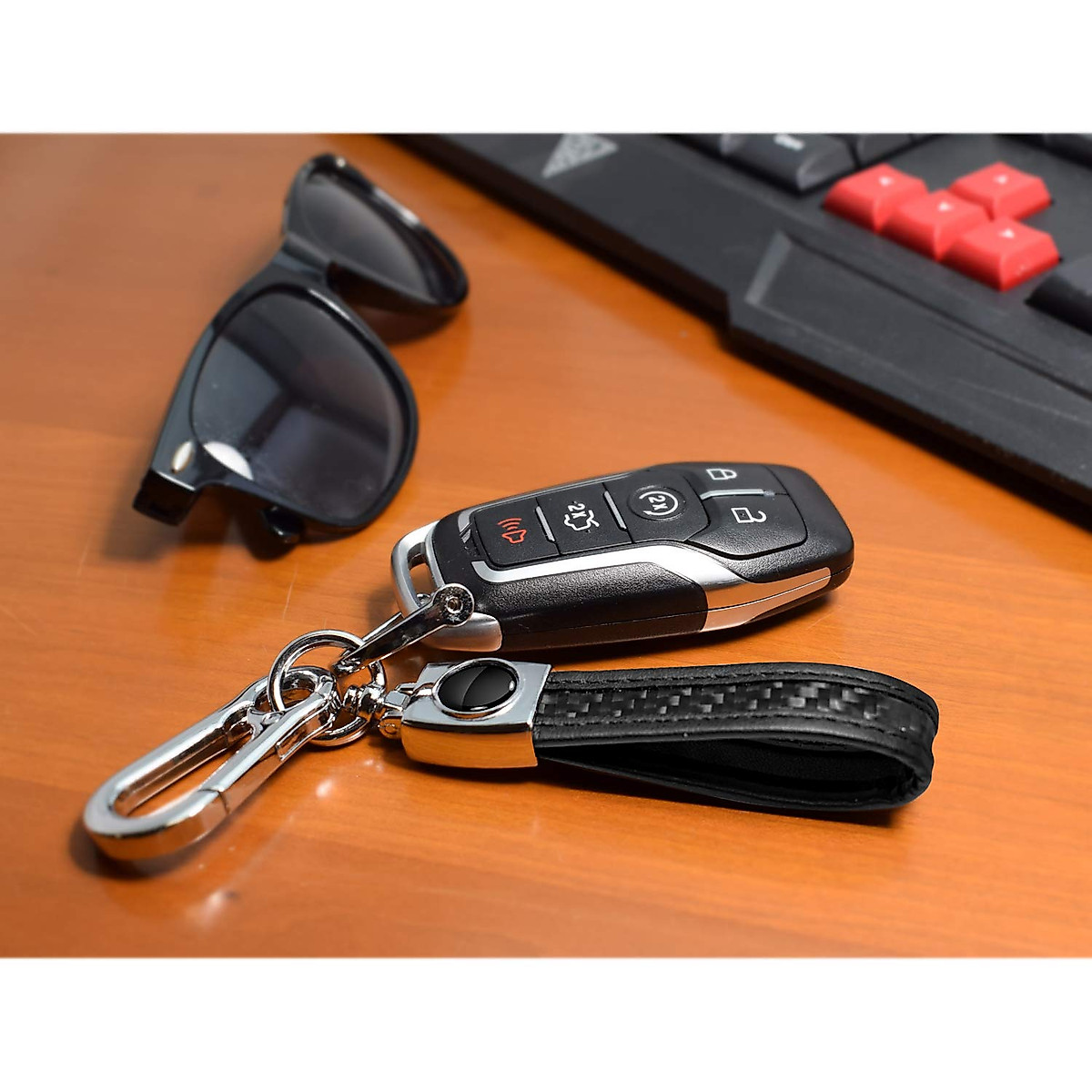 iPick Image Compatible with Honda Civic Si Red Logo in White Genuine Black Carbon Fiber Loop-Strap Chrome Hook Key Chain