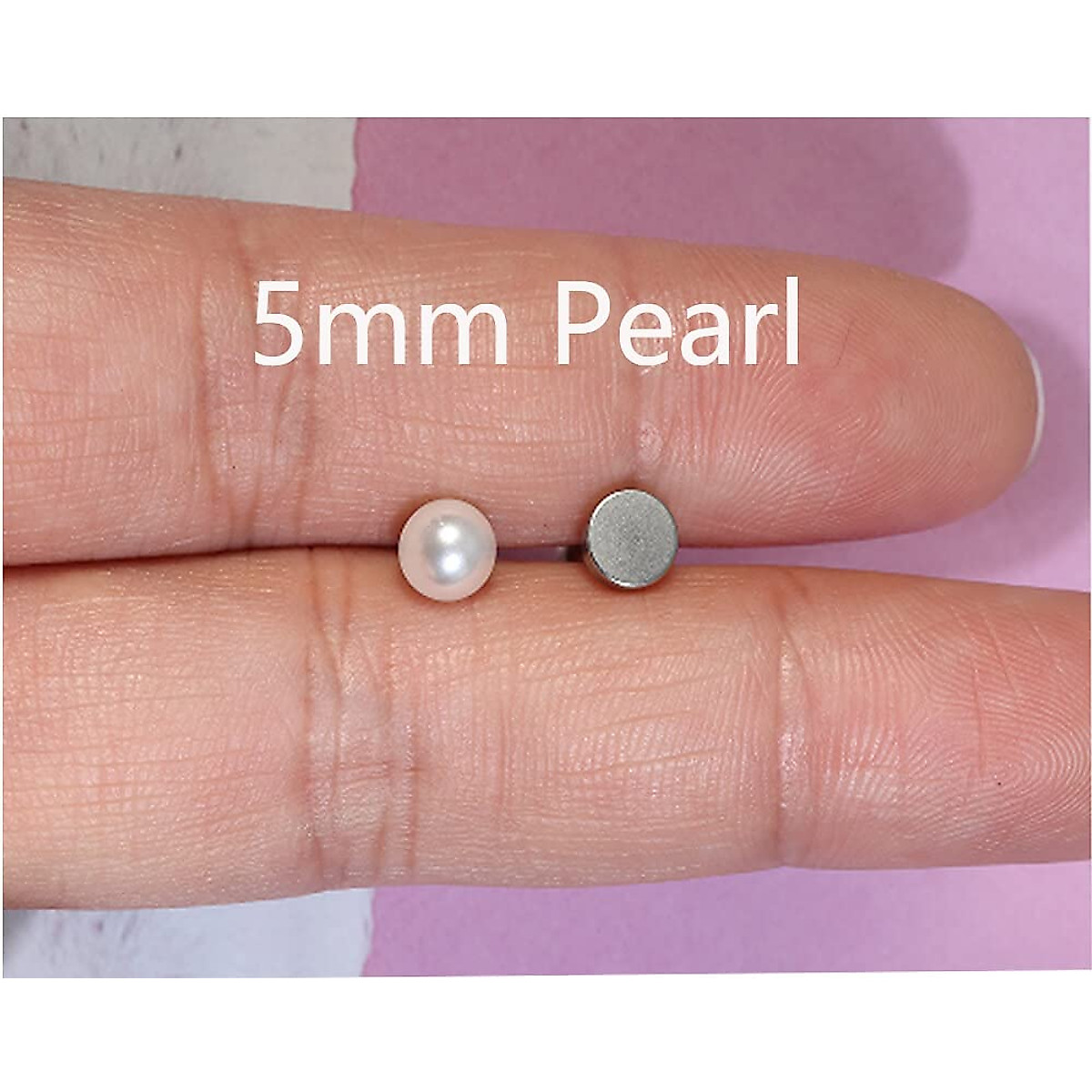 Small Pearl Stud Earrings Flat Screw Back,Silver Flatback Pearl Cartilage Helix Tragus Earrings 316L Surgical Stainess Steel Jewelry for Women Toddlers (5mm Pearl,Silver)