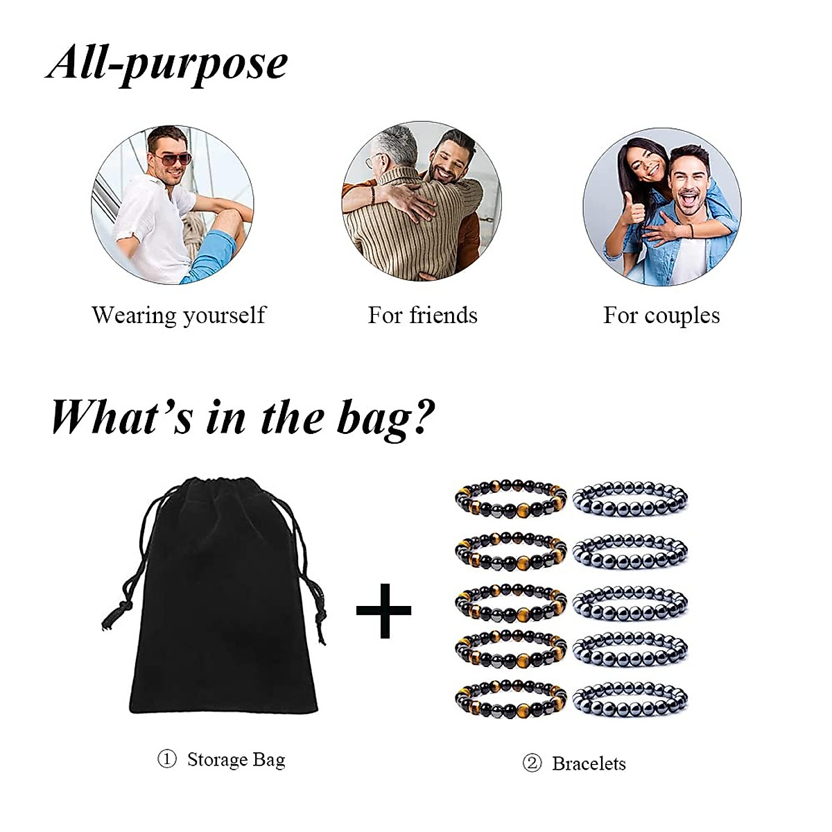 WAINIS 10PCS 8mm Black Hematite Magnetic Bead Therapy Bracelet For Men Women Stone Bracelet Stress Relieving Triple Protection Anxiety Relief Bracelet Jewelry