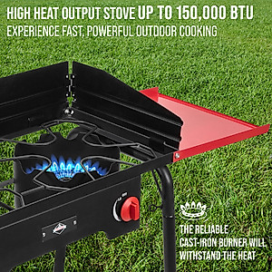 Hike Crew Cast Iron Double-Burner Outdoor Gas Stove | 150,000 BTU Portable Propane-Powered Cooktop with Removable Legs, Temperature Control Knobs, Wind Panels, Hose, Regulator & Storage Carry Case