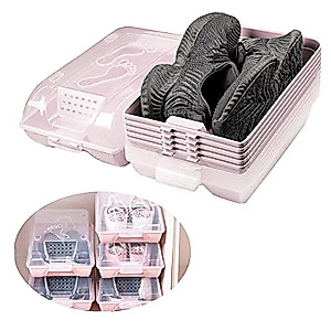 YEAVS 6 Pack Storage Shoe Box Stackable, Thickened Clear Plastic Shoes Containers, Sneaker Organizer Bins with Lids (Pink)
