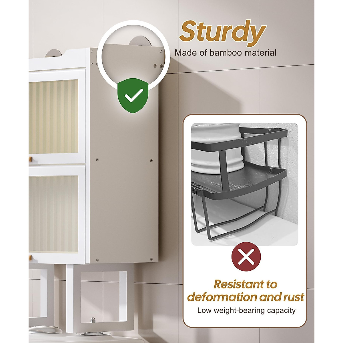 Cozivolife Over The Toilet Storage Cabinet,Bamboo Bathroom Organizer Rack with Lid and 2 Hooks,Space Saver Shelf for Bathroom,No Drilling Design Wall Mounted (White, L)