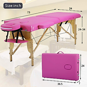 Portable Massage Table Spa Bed Folding 84 Inch Height Adjustable 2 Fold Massage Bed with Carry Case PU Leather Professional Facial Salon Tattoo Lash Bed with Face Cradle, Hold Up To 450Lbs, Pink
