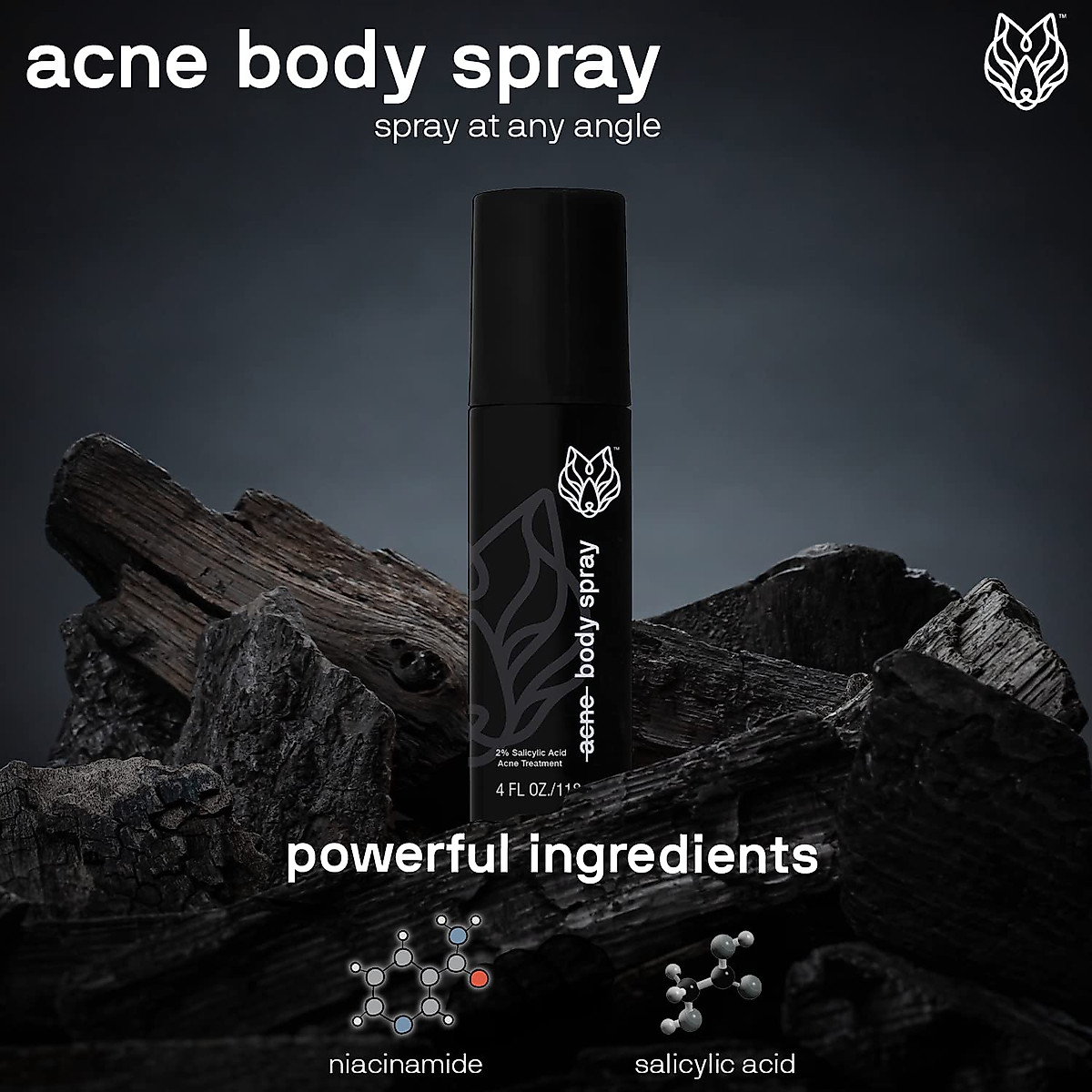 Black Wolf - Body Acne Spray - 4 fl oz- Clear Body Acne Breakouts and Cleanse Your Skin - Easy to Use and Quick Dry Formula - Salicylic Acid Acne Treatment