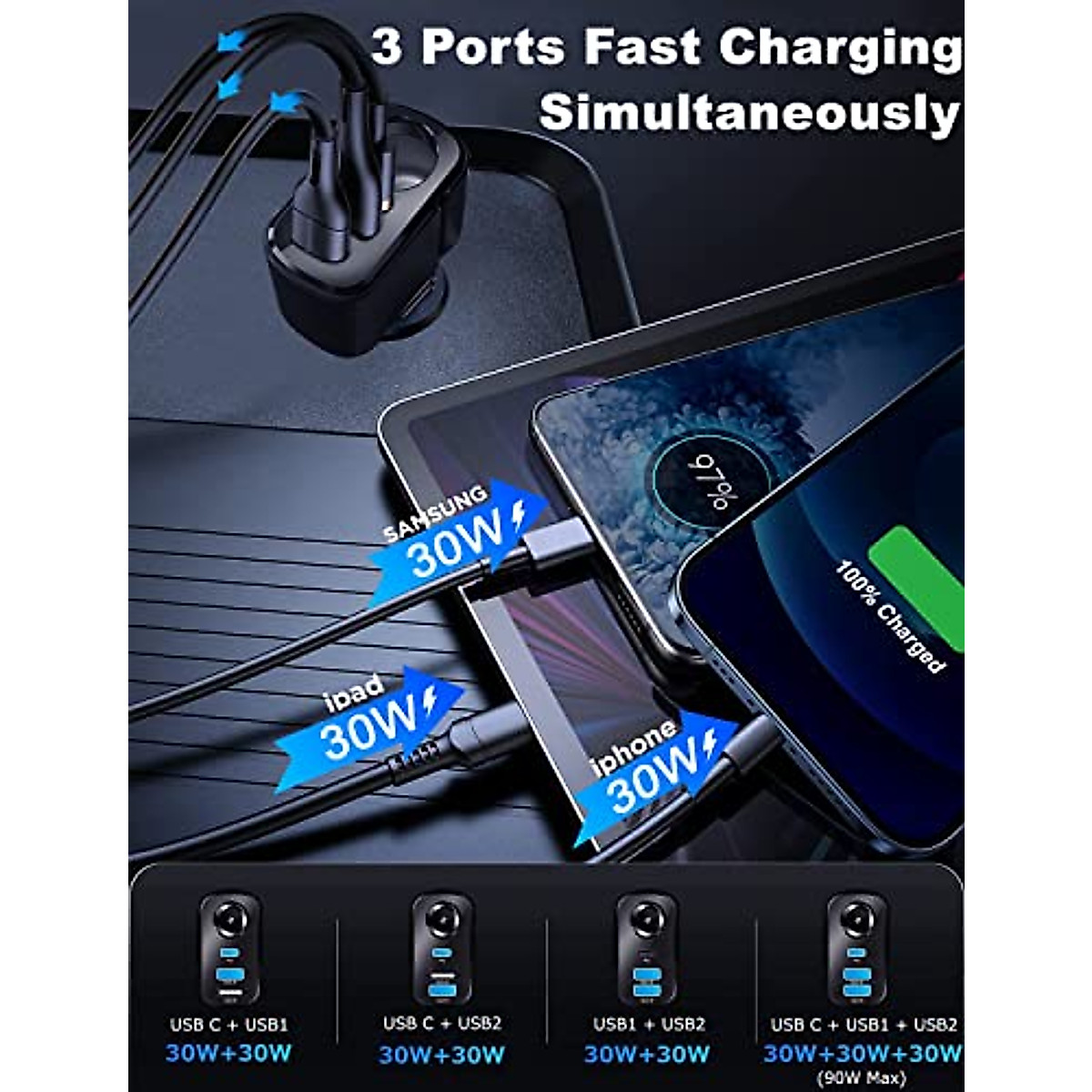 Cigarette Lighter Splitter Adapter, 210W 4 in 1 Cigarette Lighter USB Charger [PD3.0& DualQC3.0] Multi Port & Socket, 12V/24V Dual USB Type C Fast Car Charger Adapter for iPhone 14,Samsung,iPad