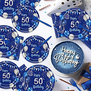 96 Pcs Blue 50th Birthday Party Plates Napkins Tableware Set Happy Birthday Supplies Navy Blue and Silver Disposable Dinnerware Decoration Favors for Women Men 24 Guests