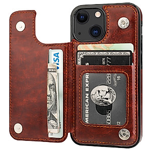 ONETOP Compatible with iPhone 13 Mini Wallet Case with Card Holder, PU Leather Kickstand Card Slots Case, Double Magnetic Clasp and Durable Shockproof Cover 5.4 Inch(Brown)