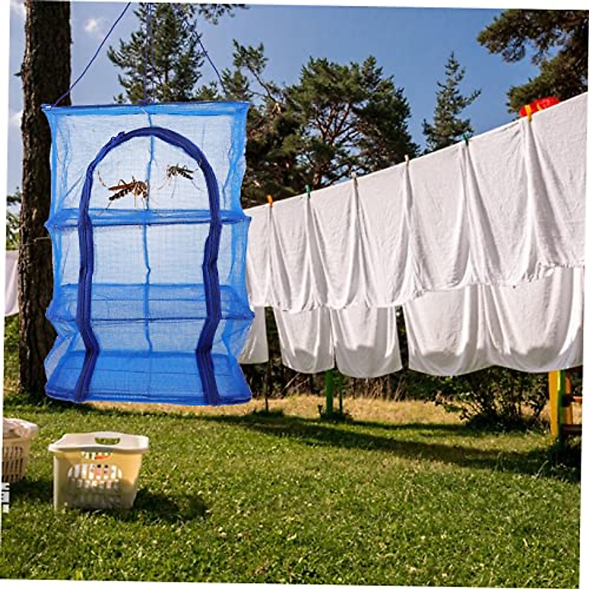 BESPORTBLE Foldable Fish Cage Fruit Dryer Hanging Clothes Drying Rack Laundry Drying Rack Collapsible Hanging Drying Net Zipper Drying Rack Folding Fish Mesh Nylon Blue Shrimp Fish Drying Net