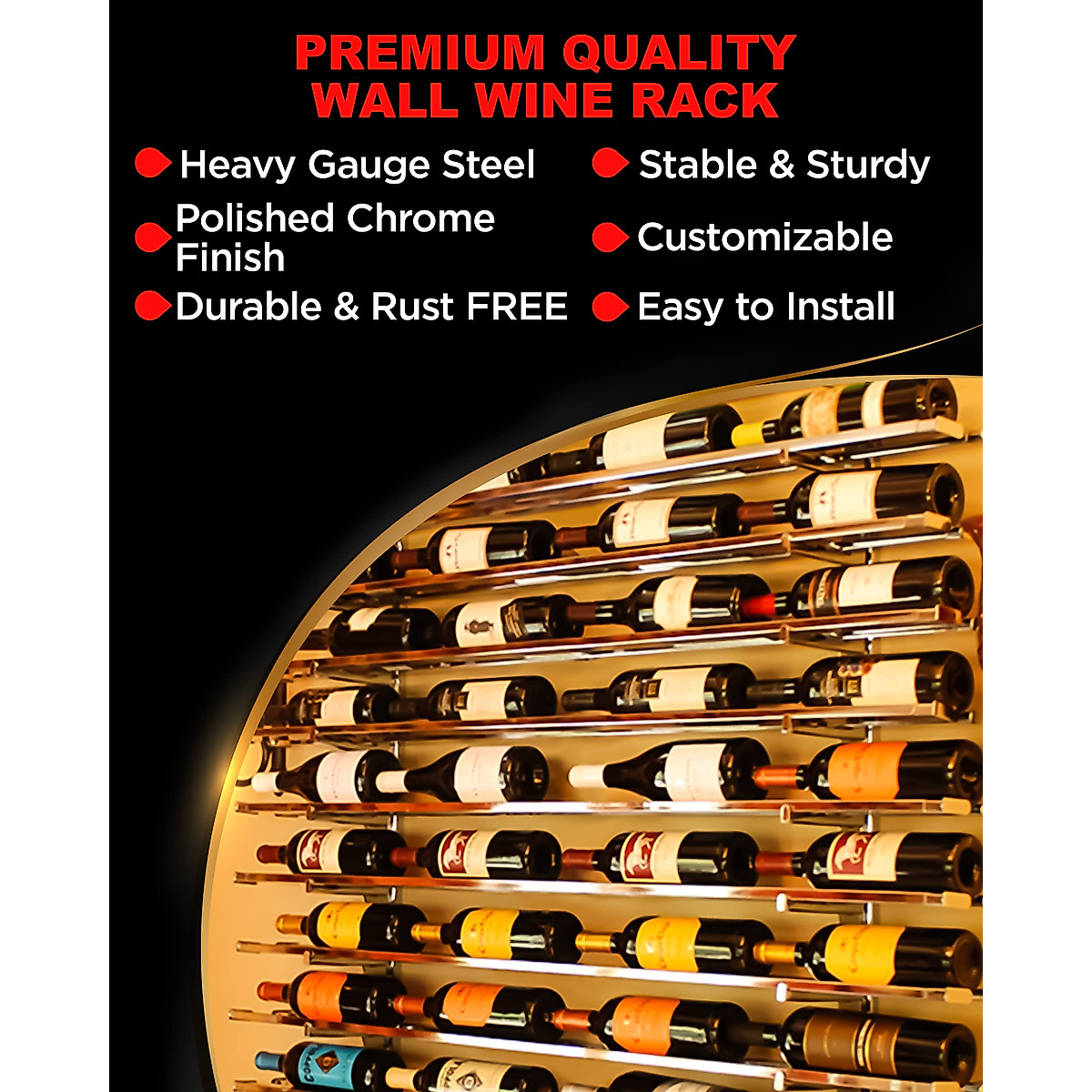 DLDIRECT Diamond Life Reserve Hanging Wine Rack - 1 Bottle Deep 4'H x 4'W (44 Bottles) - Wall Mounted Wine Bottle Holder Metal Modern Wall Wine Rack - Customizable Wine Bottle Rack Wall Mounted