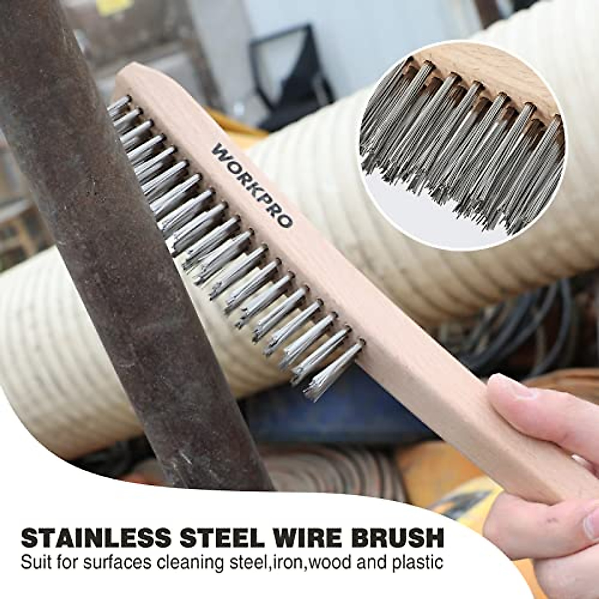 WORKPRO Wire Brush Set, 4Pcs Brass/Stainless/Carbon Steel Bristles Wire Scratch Brushes with Long Curved Beechwood Handle for Rust, Dirt & Paint Scrubbing with Deep Cleaning