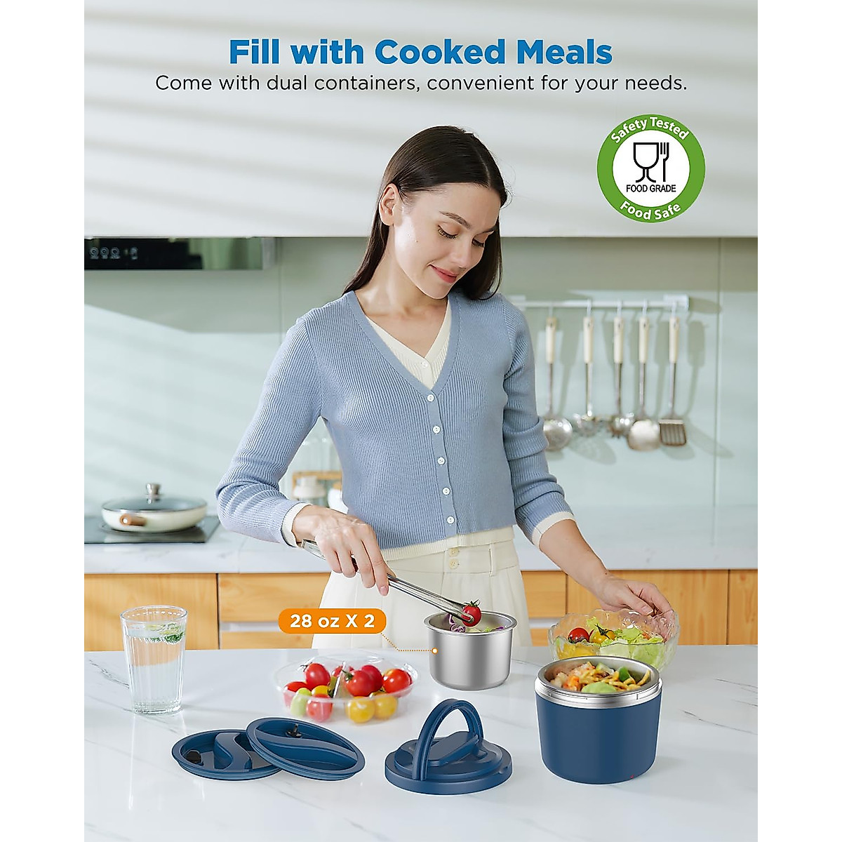 Hugmazing Electric Lunch Box Food Warmer - 105W Fast Heating Lunch Box with Dual 27-Ounce SS Containers - 110V Portable Food Heater for Travel, Office, & On-the-Go - Perfect for Men, Women, Adults