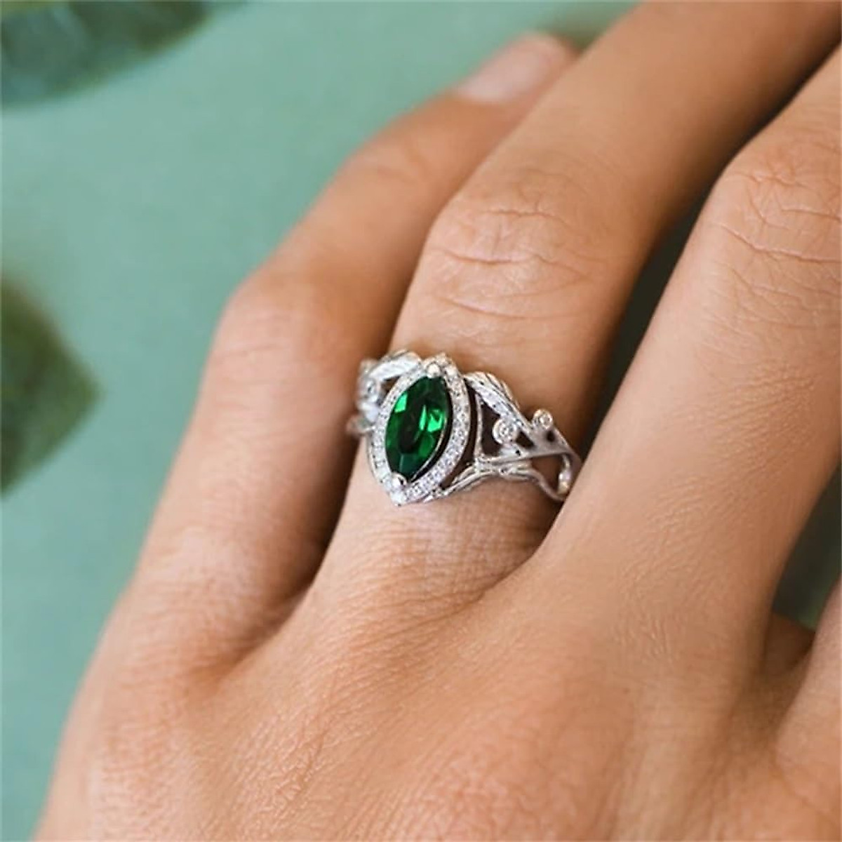 FZO 925 Sterling Silver Shiny Marquise Cut Emerald Birthstone Ring AAA Cubic Zirconia Rings CZ Diamond Eternity Multi Row Engagement Wedding Band Promise for Women ST.192 (10)
