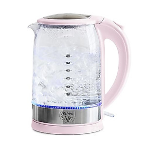 GreenLife 1.7 Liter Glass Electric Kettle, Easy One Touch Use, Quick Heating, Filtered Spout, LED Base, Auto Shut-Off, Cordless Serving, Coffee and Tea, Pink