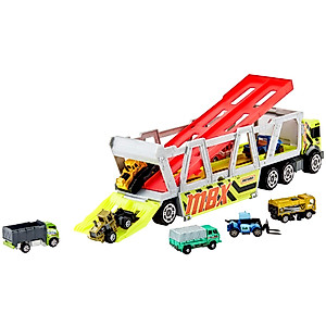 Matchbox Construction Hauler Detachable Cab Holds 16 Vehicles Plus Metal die-cast Tractor and Parts for Realistic Story Play Great Gift Ages 3 and Older