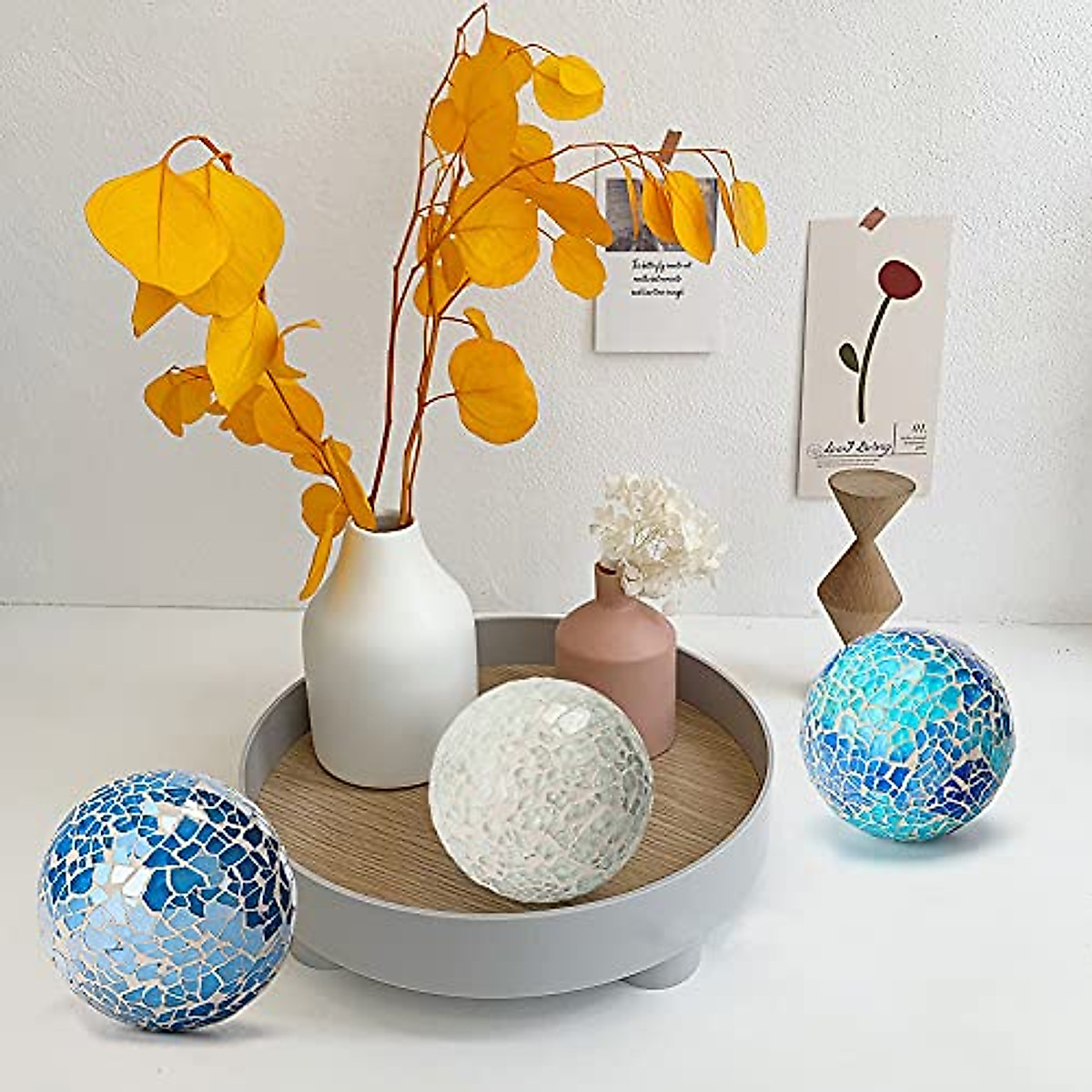 DomeStar 4 Inches Blue Cerulean White and Grey Wicker Rattan Balls Orbs and 6PCS 2.4 Inches Mosaic Glass Orbs