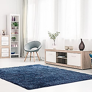 Signature Loom Fluffy Shaggy Area Rug 8x10 – Soft Fuzzy Velvet Rugs for Girls Bedroom – Shaggy Carpet for Kids Room with Non-Slip Bottom – Soft Fluffy Throw Rug Indoor Living Room Carpet, Navy Blue