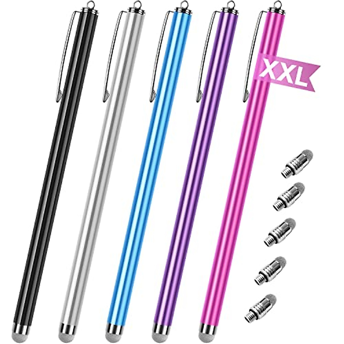 Stylus pens for Touch Screens [5 Pack Long Pen Body] Fiber mesh Tips High Sensitivity & Fine Point Capacitive Pen Compatible for ipad iPhone Android Tablet Laptop Microsoft Surface Chromebook