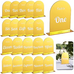 20 Pack Wedding Table Numbers with Stands 1-20, 4.7 X 5.6 Inch Gold Arched Mirrored Table Signs Number Display Stand for Wedding Reception Event Restaurant Decoration