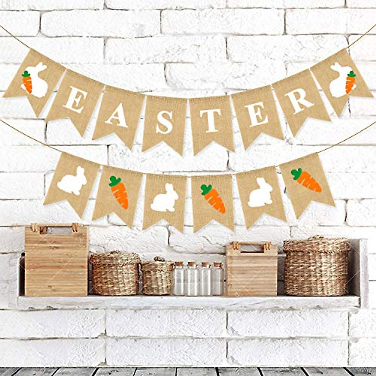 Burlap Easter Banner Easter Bunny Banner Easter Decorations Burlap Bunting Photo Props for Spring Themed Party Favors Supplies, Happy Easter Day Home Decor for Mantle Fireplace