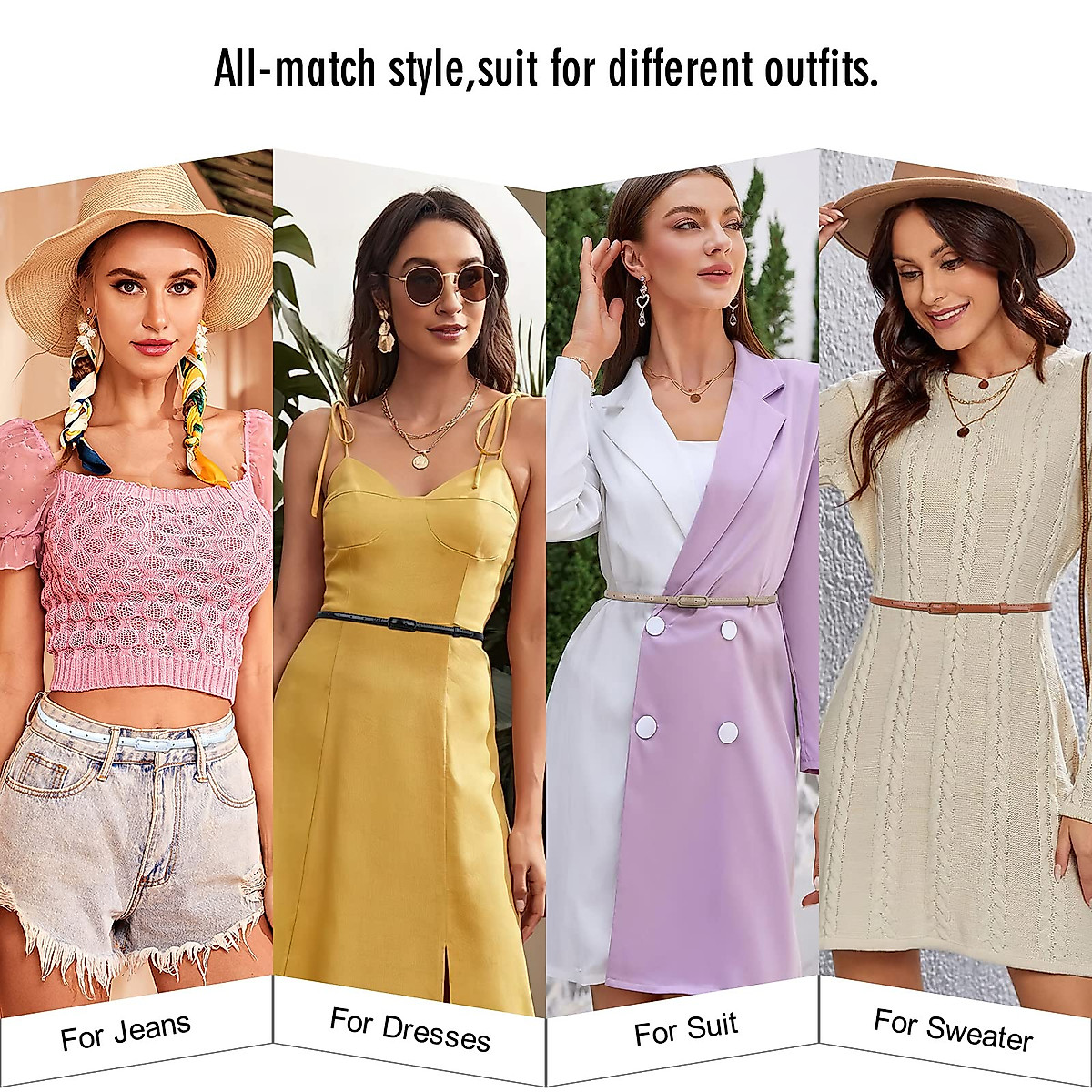 SUOSDEY 4 Pack Thin Belts for Women Skinny Leather Belts with Metal Buckle for Dresses Pants Jeans